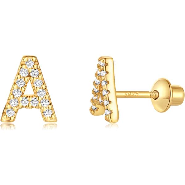 商品名AOROCO Screw Backs A Initial Stud Earrings, 14K Gold Plated 925 Sterling Silver Post Letter A Earrings Hypoallergenic...