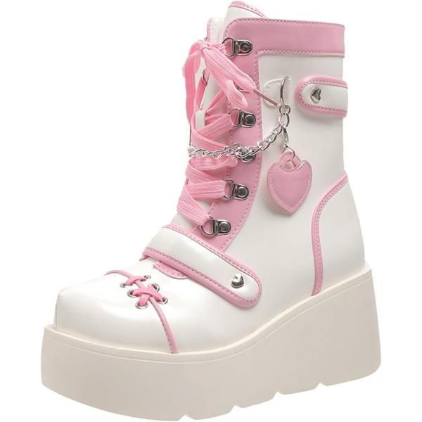 商品名VKVWIV Women's Platform Mid Calf Boots Women's Goth Platform Boots Chunky High Heel Lace Up Punk Combat Boots with Ch...
