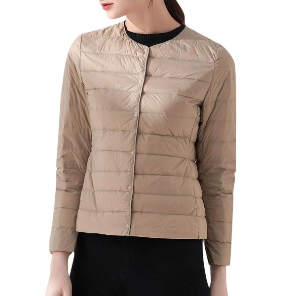 商品名:  Packable Down Jacket Womens Fall Winter Warm Solid Color Round Neck Collarless Down Coat Lightweight (Khaki, L)ブラン...