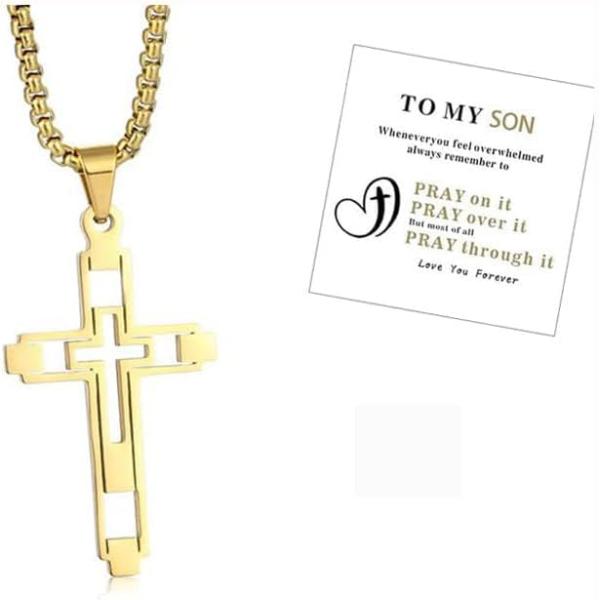 商品名ダブルクロスネックレス メンズ ボーイズ ファッション シンプル ゴールドメッキ シルバー ステンレススチール クロスペンダント イエスネックレス 息子/孫へ ジュエリーギフト, ステンレス鋼, 宝石なしDouble Cross Ne...