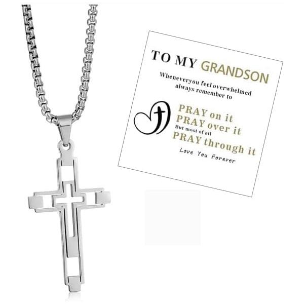 商品名ダブルクロスネックレス メンズ ボーイズ ファッション シンプル ゴールドメッキ シルバー ステンレススチール クロスペンダント イエスネックレス 息子/孫へ ジュエリーギフト, ステンレス鋼, 宝石なしDouble Cross Ne...