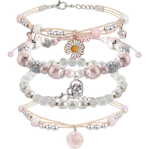 商品名DS ビーズチャームブレスレット 4個 ティーンの女の子向け 上品でかわいいカートゥーン クリスタルビーズ パールブレスレット アンクレットセット 女性と女の子用 調節可能 ストレッチブレスレット 友人への誕生日プレゼントに, Adj...