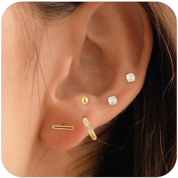 商品名Ufist ゴールドイヤリングセット 14Kゴールドメッキ スモールフープ バースタッド ハギーイヤリング キュービックジルコニア ムーンスター フラワーゴールドイヤリング セット レディース ガールズ ジュエリー ギフト用, 真鍮,...