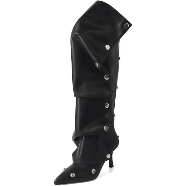 商品名Goolita Denim Boots For Women, Stiletto Heel Pointed Toe Pleated Knee High Boots With Zipper Buttons Metal Decoration...