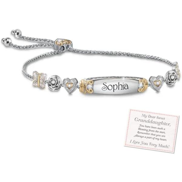 商品名クリスマスギフト 孫娘 ボロブレスレット カスタマイズ可 おばあちゃんの孫娘ブレスレット 調節可能 925スターリングシルバー チャーム パーソナライズブレスレット レディース ガールズ, スターリングシルバー, スタビライズドターコ...