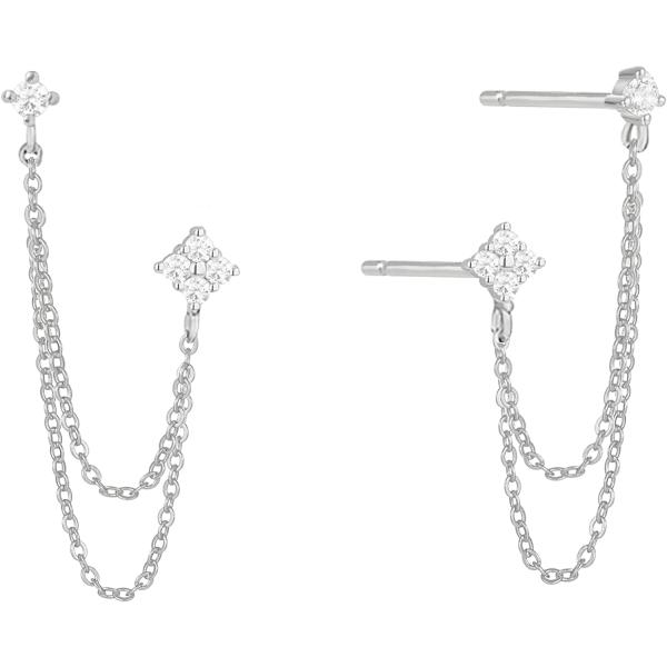 商品名BUAEL 925スターリングシルバー 4つのジルコン フラワースタッドイヤリング レディース | ダブルスタッドチェーン タッセルピアスイヤリング | ゴールドメッキ ダブルピアス ダングルチェーンイヤリング ジュエリーギフト レデ...