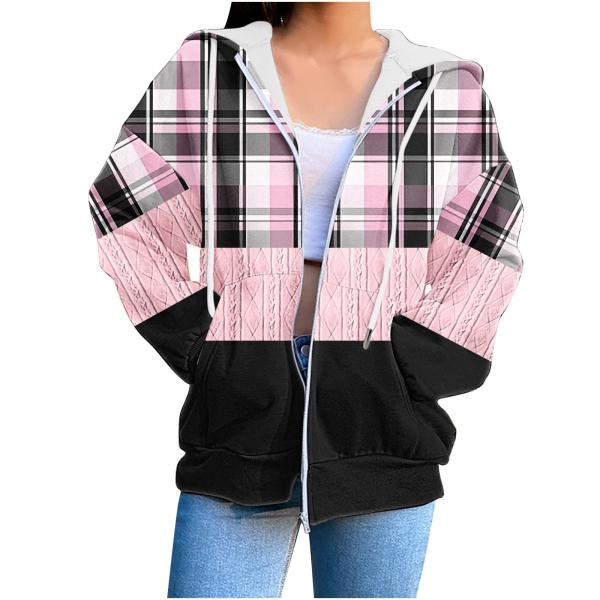 商品名:  LEMONONSTORE Plus Size Zip Up Hoodie Women Plaid Color Block Sweatshrits Full ZIp Jacket Coat Lightweight Outwear ...