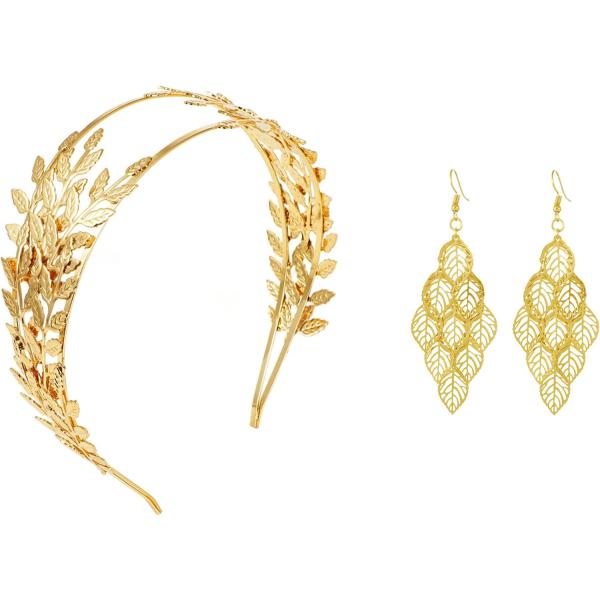 商品名ギリシャの女神ヘッドバンドイヤリングセット 女性用 ローマン 月桂樹の葉 クラウン ダングルイヤリング ゴールドリーフ イミテーション パール ティアラ ドロップイヤリング ロマンチックなギリシャの女神コスチュームアクセサリー 結婚式...