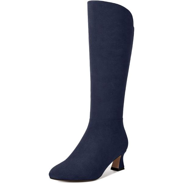 商品名MERRORI Women's Knee High 2 Inch Suede Evening Low Heel Spool Round Toe Fashion Zip Boots Navy Blue Size 9 - Tacones ...