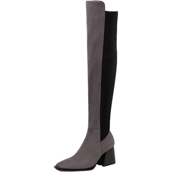 商品名JWSVBF Women's Thigh High Boots Faux Suede Elasticity Heels Low Boots for Women No Heel Womens Knee Boots White Knee ...