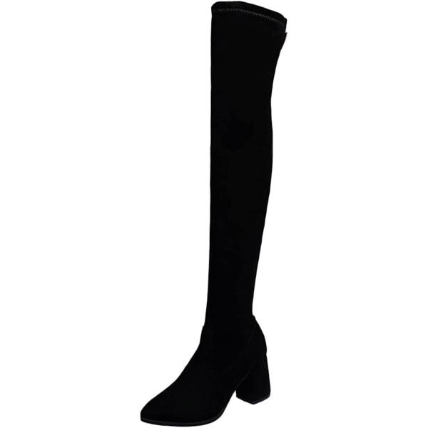 商品名JWSVBF Women's Wide Calf Wide Width Block Heel Stretchy Over the Knee Boots Flat Tall Boots for Women No Heel Black B...