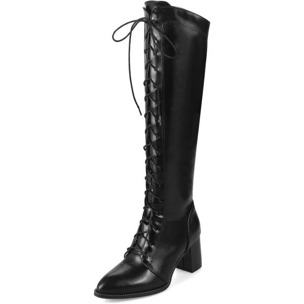 商品名qubev Women Fashion Pointed Toe Riding Boots Block Mid Heel Faux Leather Comfy Lace Up Knee High Tall Bootsブランド：qubev...