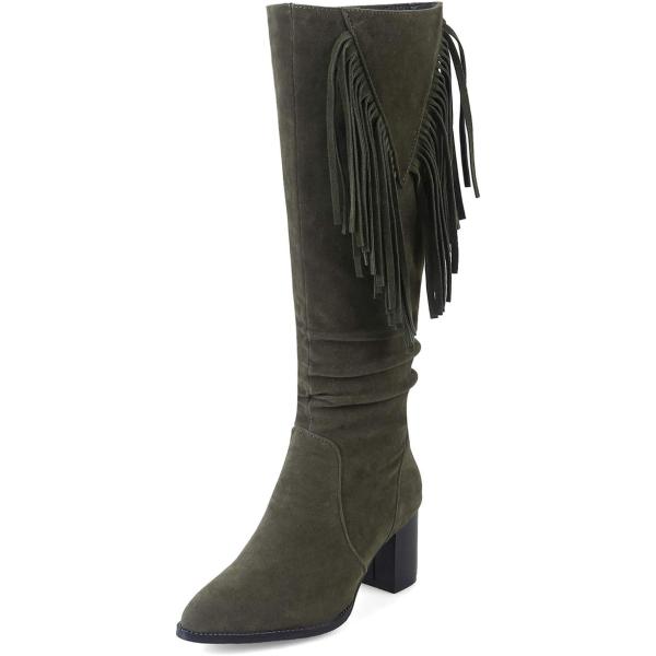 商品名qubev Women Pointed Toe Knee High Suede Boot Side Zipper Fringe Tassel Slip On Chunky Heeled Dressy Bootsブランド：qubev商品...
