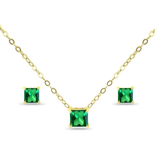 商品名B. BRILLIANT スターリングシルバー キュービックジルコニア プリンセス スクエア ソリティア ペンダント ネックレスとスタッドイヤリングセット, 金属, エメラルドEmerald Earrings and Necklace...