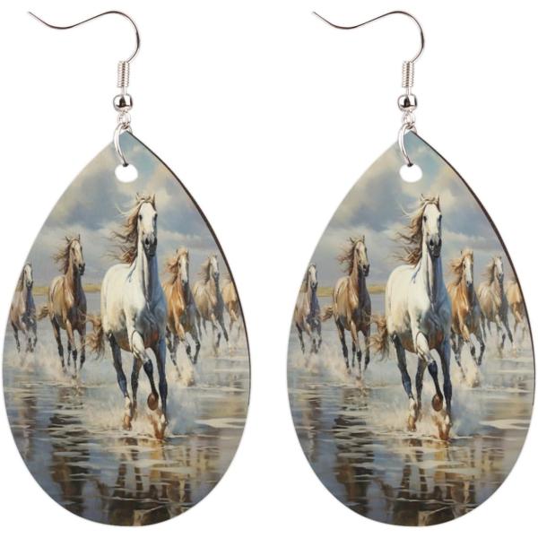 商品名Running Horses Painting Teardrop Earrings for Women Girls, Wood Teardrop Dangle Earrings Lightweight Wooden Drop Dang...