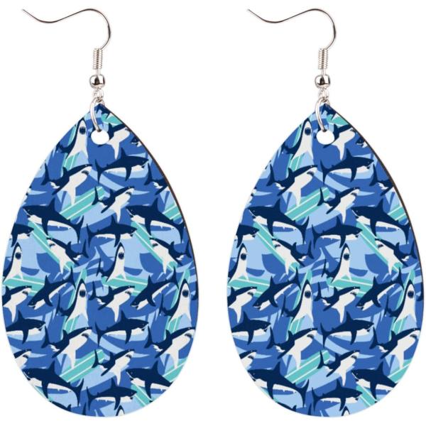 商品名Ocean Shark Cartoon Patten Teardrop Earrings for Women Girls, Wood Teardrop Dangle Earrings Lightweight Wooden Drop D...