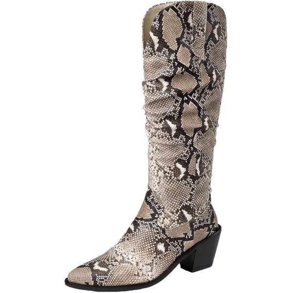 商品名NEBZCIV Combat Boots Womens Plus Size Snakeskin Boots for Woman Casual Chunky Heel Low-Heeled Mid Calf Boots Pointed ...