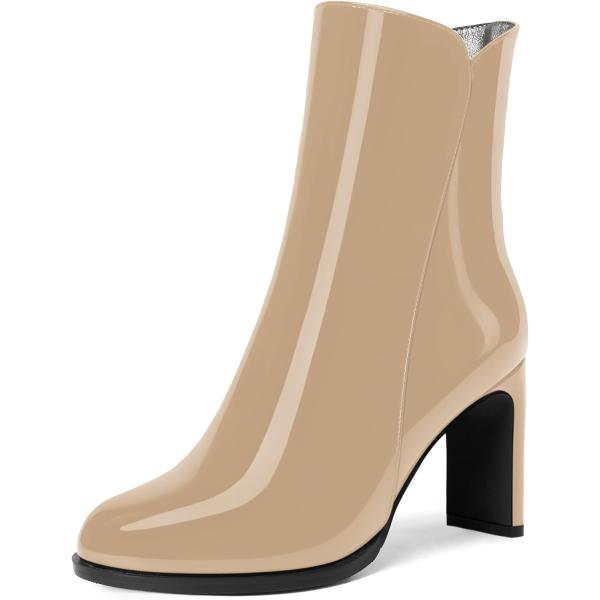 商品名MERRORI Women's 3.3 Inch Dating Round Toe Patent Block Ankle High Zip High Heel Casual Boots Beige Size 10 - Zapatos ...
