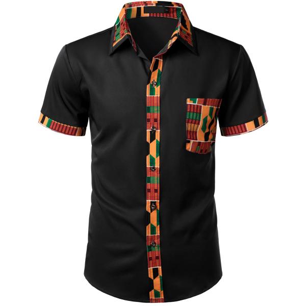 商品名:  ZEROYAA Men's African Printed Patchwork Design Slim Fit Short Sleeve Button Down Shirt Kente Traditional Dashiki B...
