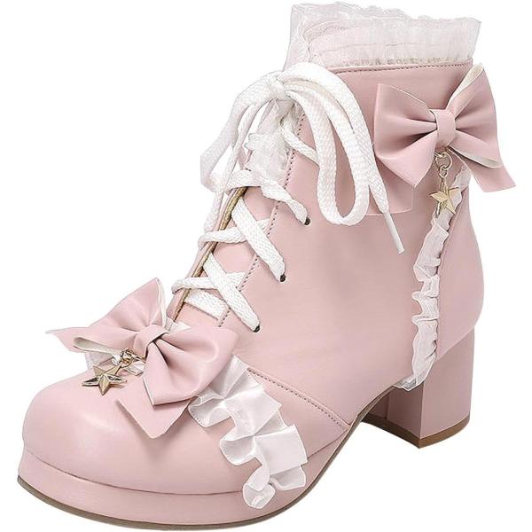 商品名NEBZCIV Chunky Boots Cute Ankle Boots for Women 2024 Trendy Thick High Heel Round Toe Lace Short Boots Bow Lace-up He...