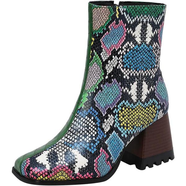 商品名NEBZCIV Women Booties Oversized High Heel Ankle Boots for Women Rectangle Toe Chunky Heel Short Boots Color Stitching...