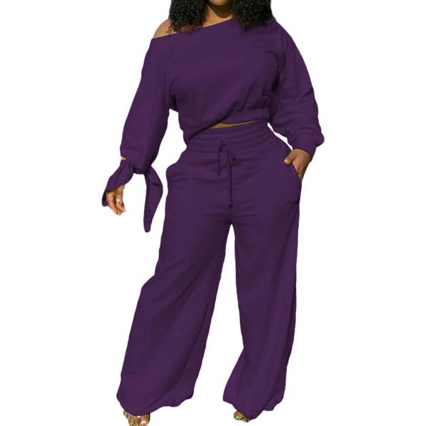 商品名:  Purple Outfits for Women Casual Off One Shoulder Tie Long Sleeve Top Wide Leg Tracksuit Pants Sweatsuits 2 Piece S...