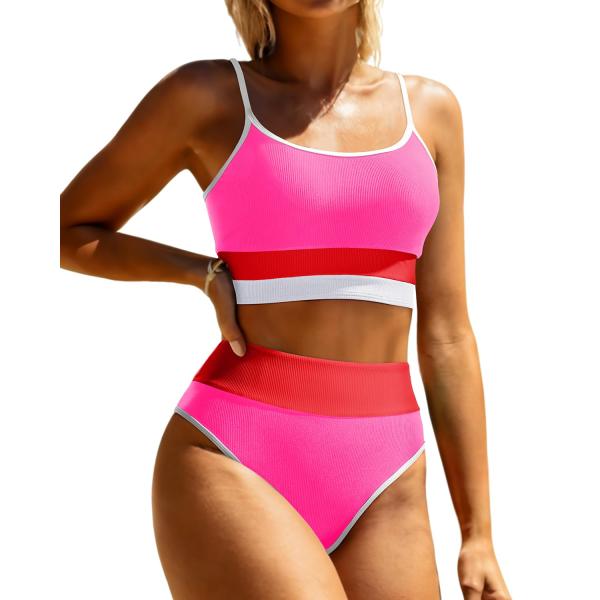 商品名:  Tempt Me Hot Pink Red Women High Waisted Bikini Sets Ribbed Two Piece Color Block Sporty Scoop Neck Swimsuit for T...