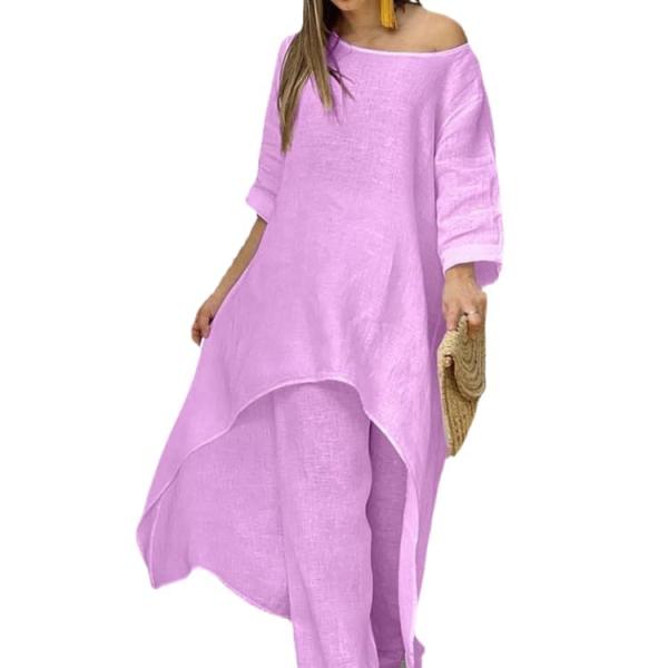 商品名:  Pink 2 Piece Irregular Lounge Set for Women Floral Print Linen Round Neck Boho Plus Pullover Shirt Top Suit Casual...