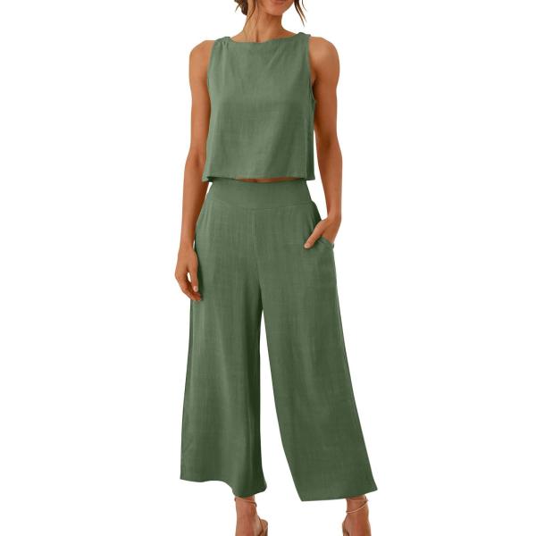 商品名:  SEAOPEN Womens 2 Piece Outfits Summer Sleeveless Tank Crop Button Back Top Capri Wide Leg Pants Linen Set with Poc...