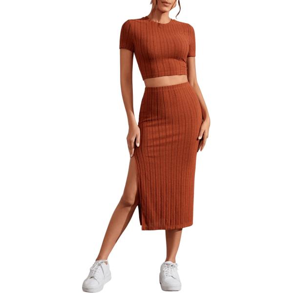商品名:  OYOANGLE Women's 2 Piece Outfits Rib Knitted Solid Short Sleeve Crop Top and High Waist Slit Skirt Sets Brown Tall...