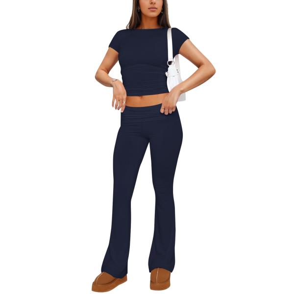 商品名:  ZHENWEI 2 Piece Track Suits For Women Basic Short Sleeve Crop Top Casual Fold-Over Flare Pants Set Navy Blue Lブランド...