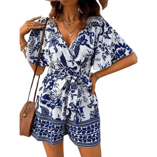 商品名:  BEAUDRM Women's Boho Floral Print Short Sleeve V Neck Summer Bow Belted Shorts Romper Jumpsuits Multicolor Largeブラ...
