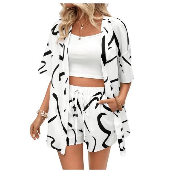 商品名:  BEAUDRM Women's 2 Piece Outfits Random Print Drop Shoulder Blouse and Tie Front Shorts Set Vocation Suit Black and...