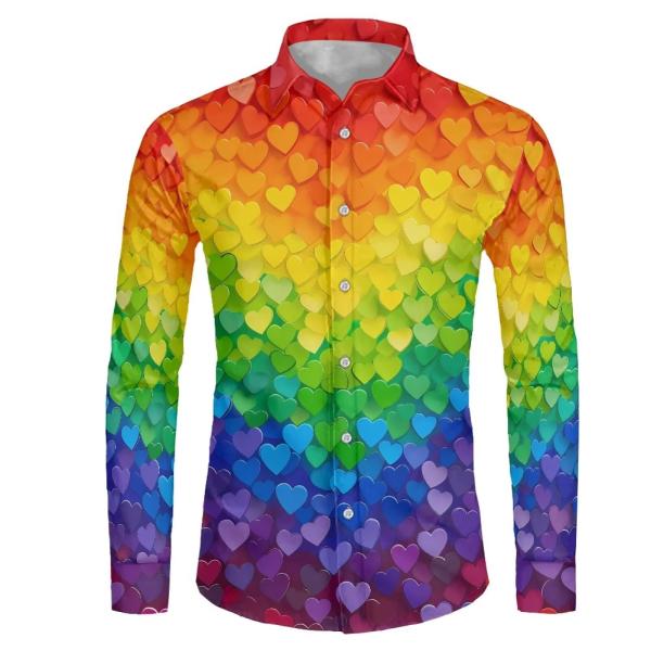 商品名:  Biyejit Rainbow Heart Print Men's Long Sleeve Dress Shirt Slim Fit LGBT Pride Casual Graphic Business Formal Butto...