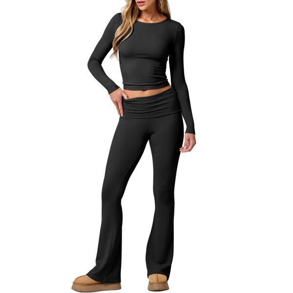 商品名:  ANRABESS Women 2 Piece Outfits Lightweight Lounge Sets Long Sleeve Cropped Top Fold-over Flare Pants Pajamas Set Y...