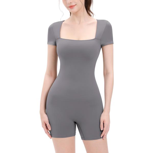 商品名:  One Piece Jumpsuit for Women Short Sleeve Workout Romper Square Neck Yoga Bodycon Ultra Soft Collection Gray Mediu...