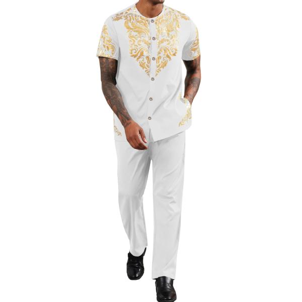 商品名:  ZSJR Mens African 2 Piece Set Nigerian Dashiki Metallic Short Sleeve Suit Gold Stamp Printed Shirt and Pants Outfi...