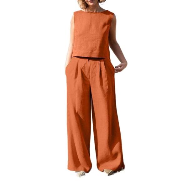 商品名:  Summer Linen Pant Suits for Women Two Piece Outfits Casual Sleeveless Shirts &amp; Wide Leg Trousers Sets Womens C...