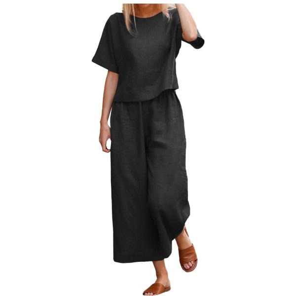 商品名:  Linen Pants Suits for Women Summer Two Piece Outfits Casual Short Sleeve Crop Top and Wide Leg Pants Sets Black 5X...