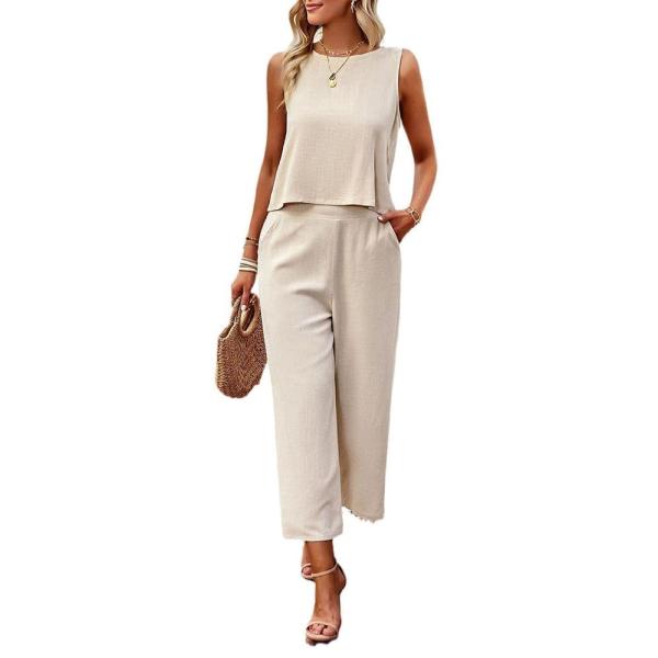 商品名:  Two Piece Summer Outfits for Women Linen Pants Suits Casual Sleeveless Crop Top and Wide Leg Pants Sets Beach Vaca...
