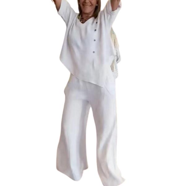 商品名:  DMOYALA 2 Piece Linen Sets for Women Pants Set White Solid Color V Neck Short Sleeve Tops Wide Leg Pants Suit Irre...