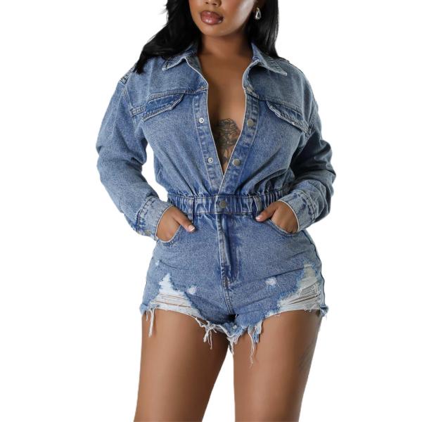商品名:  xxxiticat Women's Denim Rompers Long Sleeve Turn Down Collar Elastic Button Down Ripped Tassel Shorts One Piece Ju...