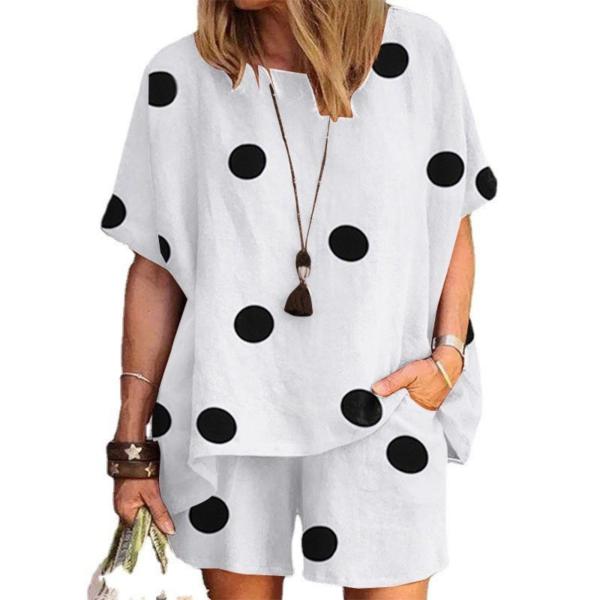 商品名:  DMOYALA Linen Outfits for Women Summer Polka Dot Short Set 2 Piece Linen Short Suits Short Sleeve Linen Shirts Lin...