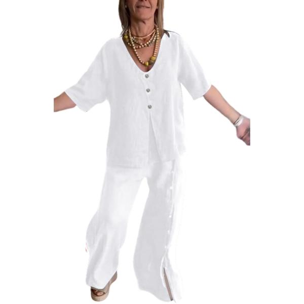 商品名:  DMOYALA Summer Pant Suits for Women Dressy Casual Wide Leg Pants Sets 2 Piece Linen Outfits Button Down Shirts and...