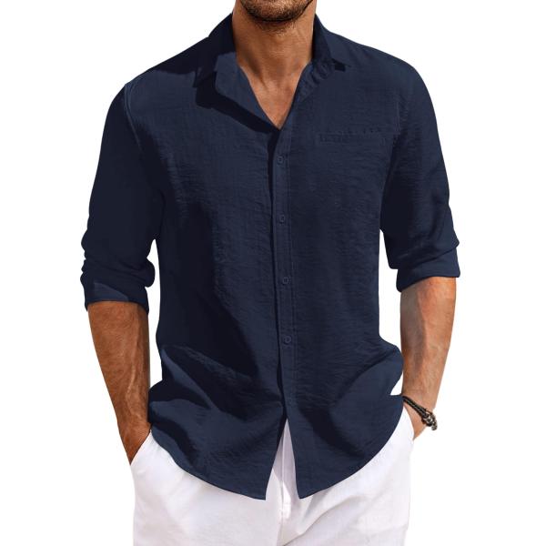 商品名:  DATAMOUNT Mens Casual Button Down Shirts Solid Long Sleeve Spread Collar Dress Shirt Summer Beach Shirt Navy Blueブ...
