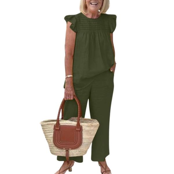 商品名:  DMOYALA 2 Piece Linen Pants Set for Women Summer Frill Sleeve Army Green Sleeveless Crewneck Tank Top Wide Leg Pan...