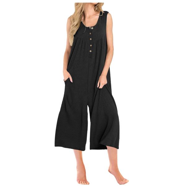 商品名:  HGps8w Womens Ribbed Wide Leg Jumpsuits Casual Summer Sleeveless Button Up Pleated Loose Cropped Rompers with Pock...