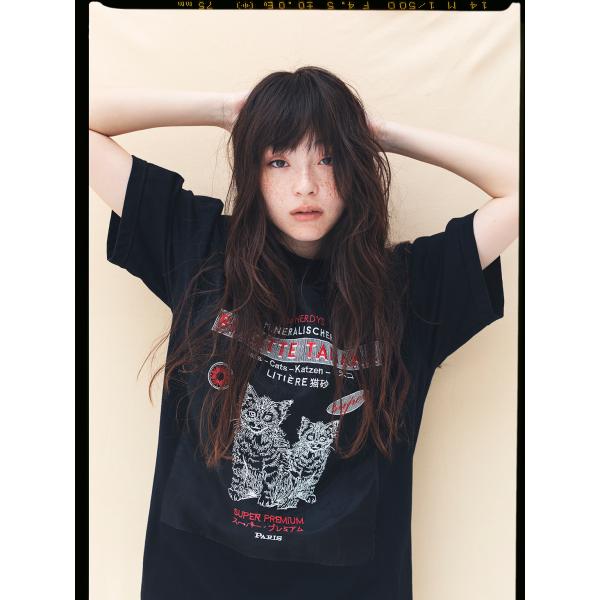 2026SS オーガンジー 刺繍 ブリジットタナカ　ネコ Tシャツ