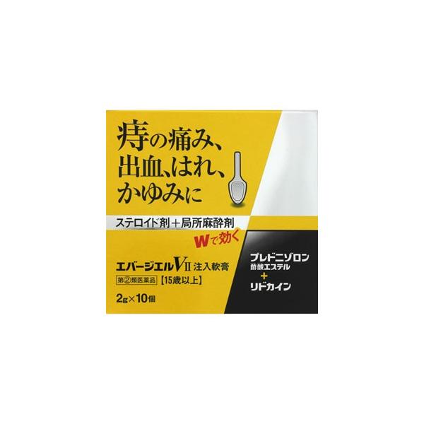 【発売元・製造元】中外医薬生産（株）【商品詳細】エバージエルVII注入軟膏は、痔の治療に有効なプレドニゾロン酢酸エステル、リドカインなど5種の有効成分を配合した痔疾用注入軟膏で痔の痛み、はれ、かゆみ、出血の不快な4つの症状の改善にすぐれた効...