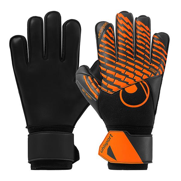 キーパーグローブ GKグローブ ゴールキーパーグローブメーカー：ウールシュポルト uhlsportカラー：ブラックｘフローオレンジ素材：指股、バックハンド手首部／メッシュテキスタイルサイドフィンガー／ノーガセットアウトシーム手首／EVAフル...